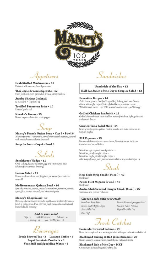Lunch Menu | Mancy's Steakhouse at the Hancock Hotel